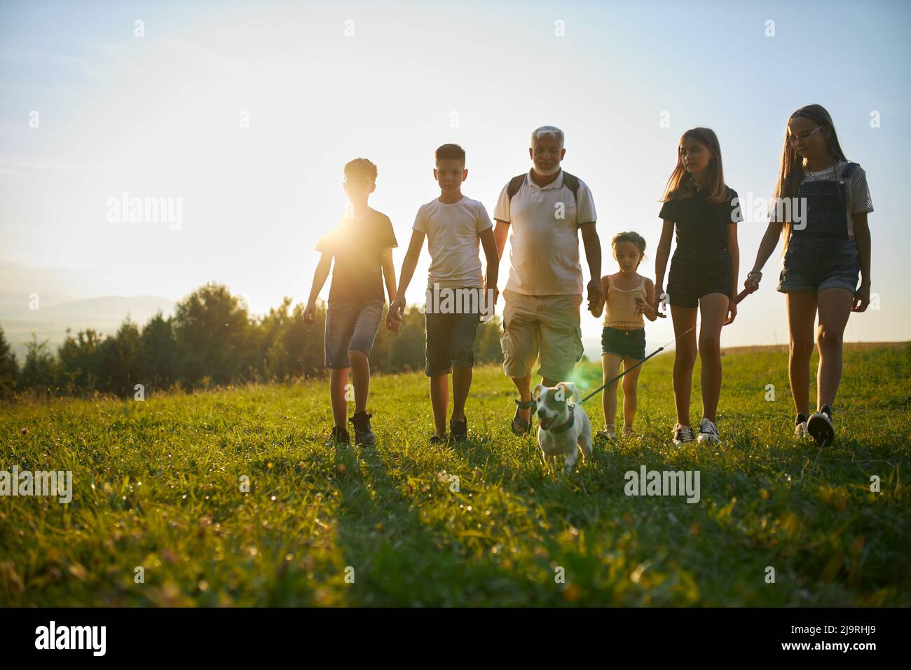 Front view of children with old man and dog walking in mountains. Male ...