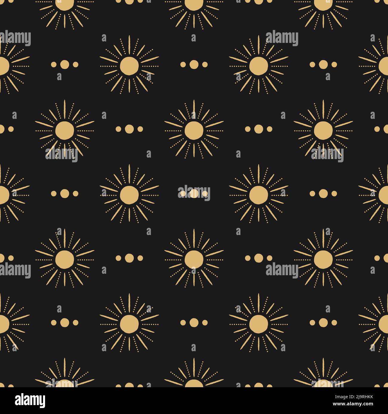 Seamless ethnic pattern with golden sun and rays. Black background ...