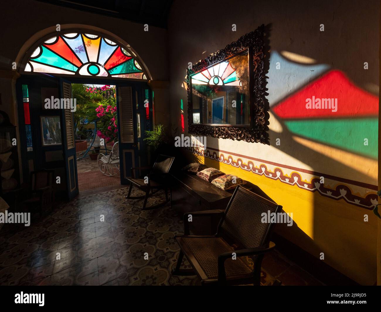 Cuba, Remedios, stained glass window in Casa Particular, Spanish ...