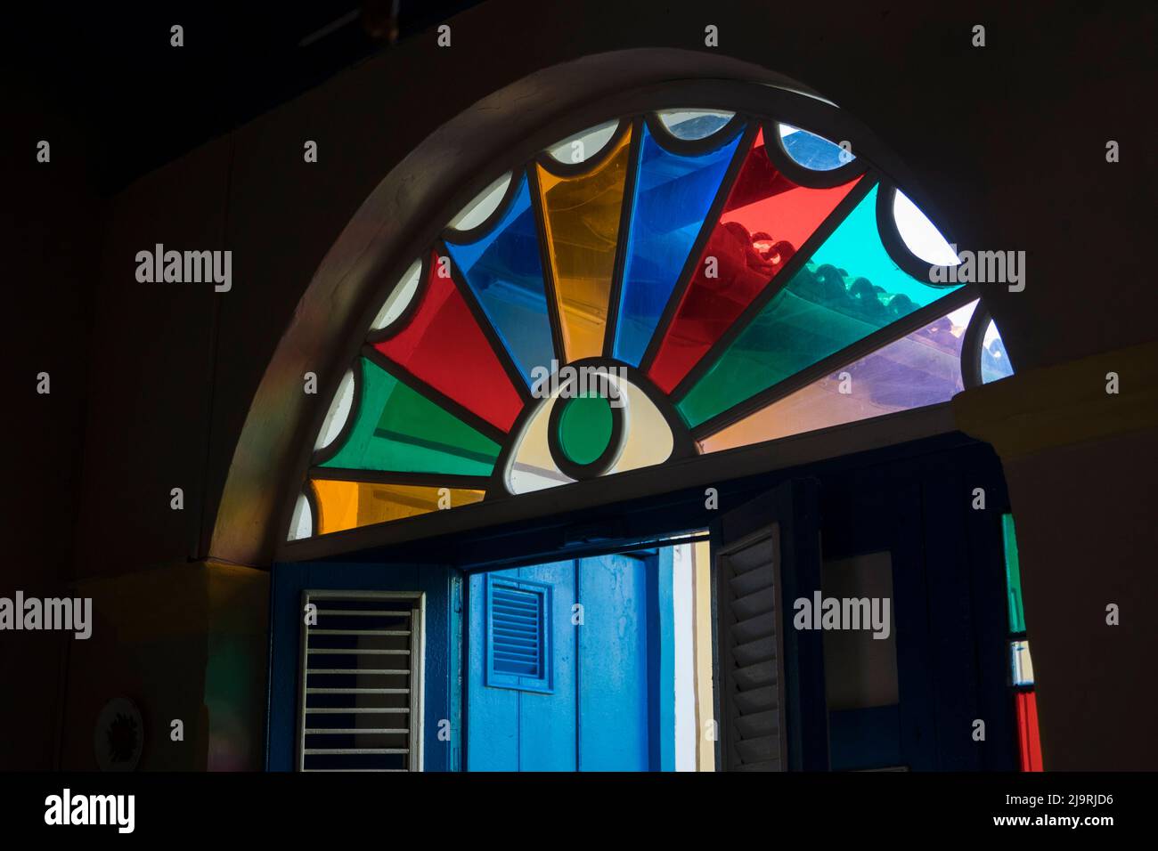 Cuba, Remedios, stained glass window in Casa Particular, Spanish ...