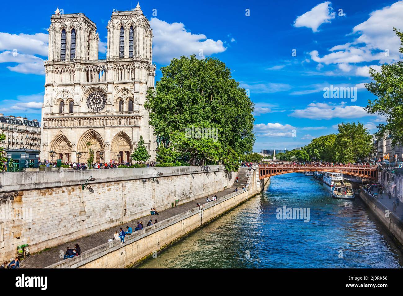 Tour boat on Seine River, Notre Dame Cathedral, Paris, France. Notre ...