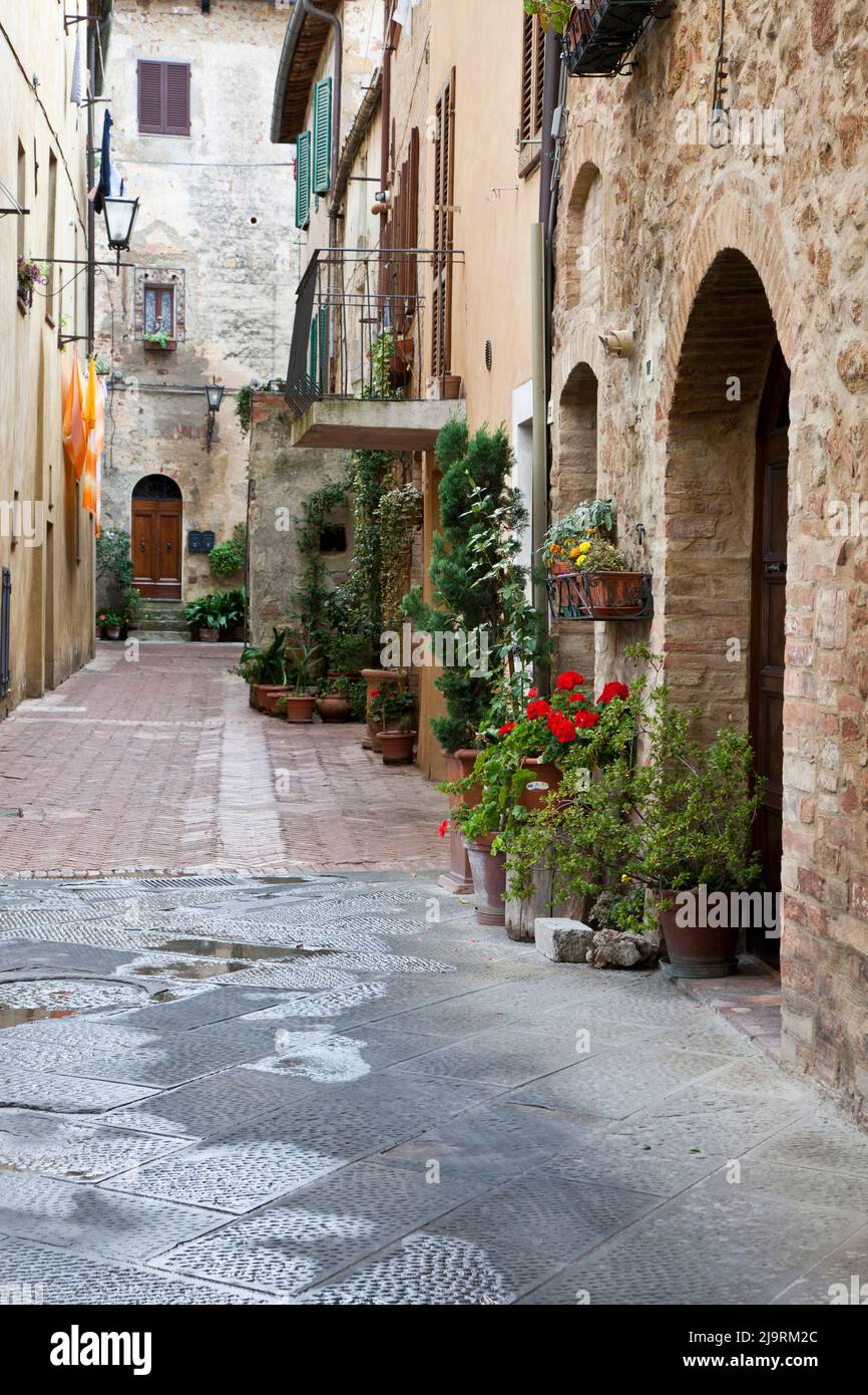 Italy, Tuscany, Pienza. Flower pots and potted plants decorate a narrow ...
