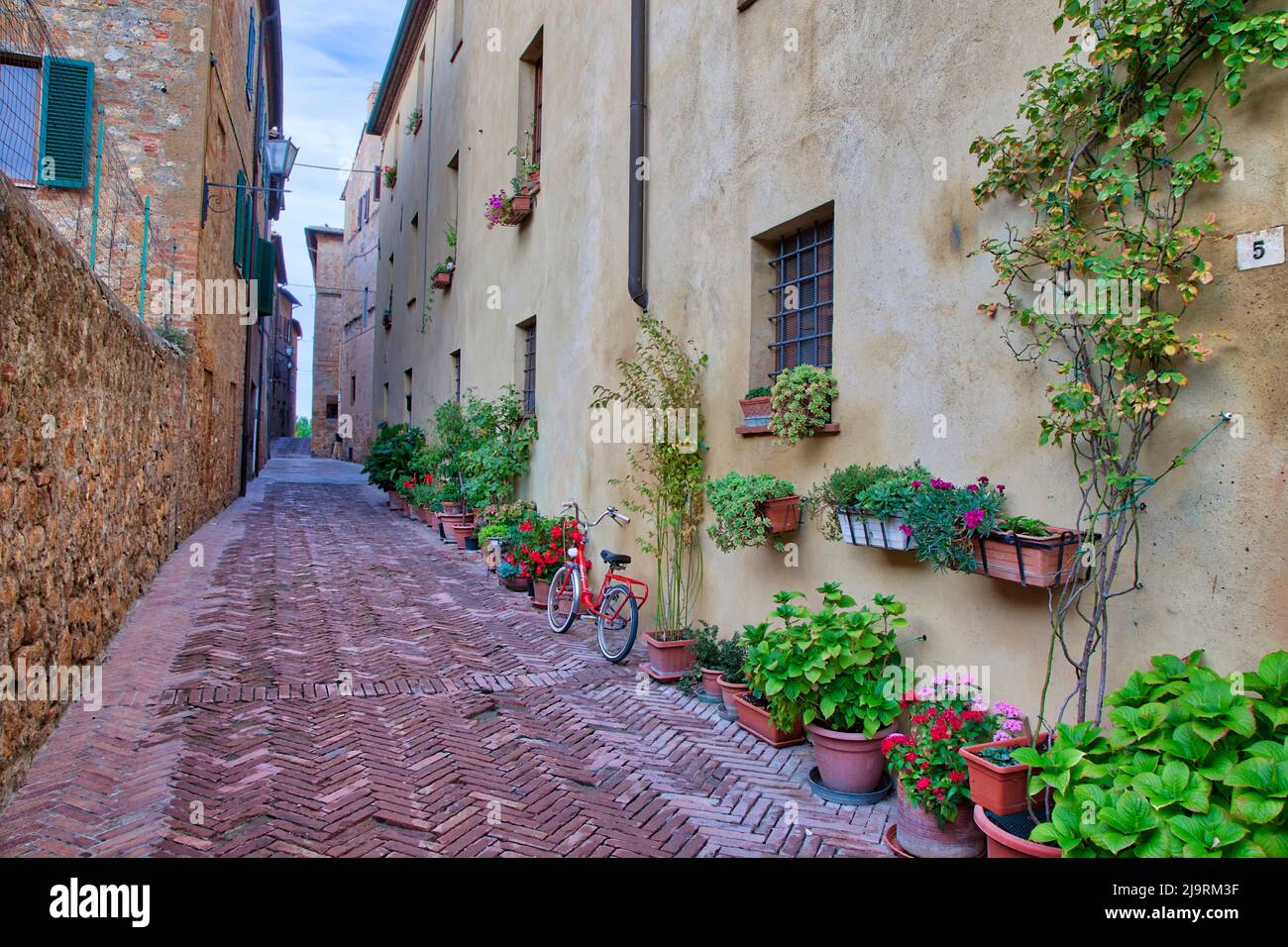 Italy, Tuscany, Pienza. Flower pots and potted plants decorate a narrow ...