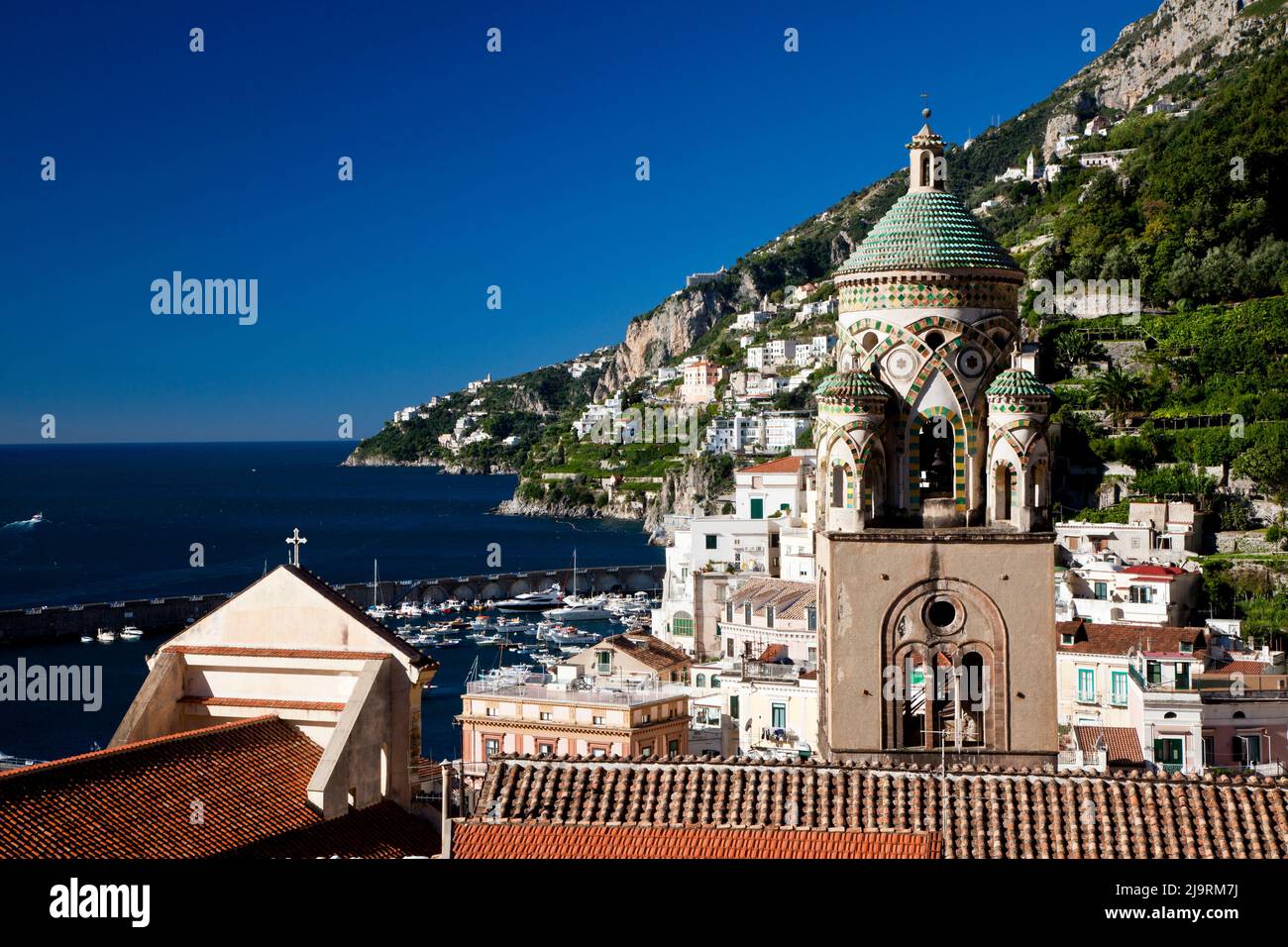 Italy, Amalfi. Light on the Cathedral of St. Andrew and the town of ...