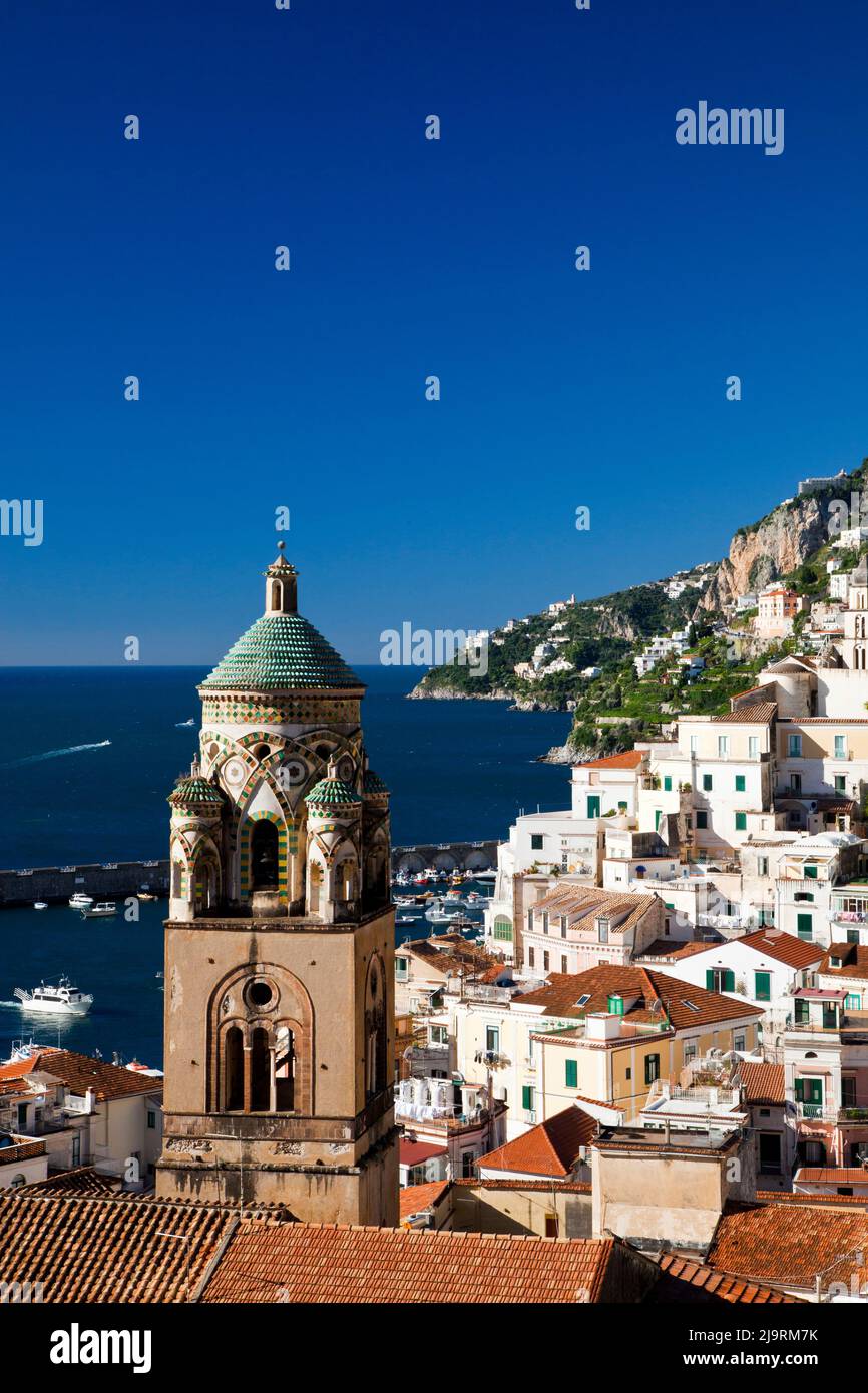 Italy, Amalfi. Light on the Cathedral of St. Andrew and the town of ...