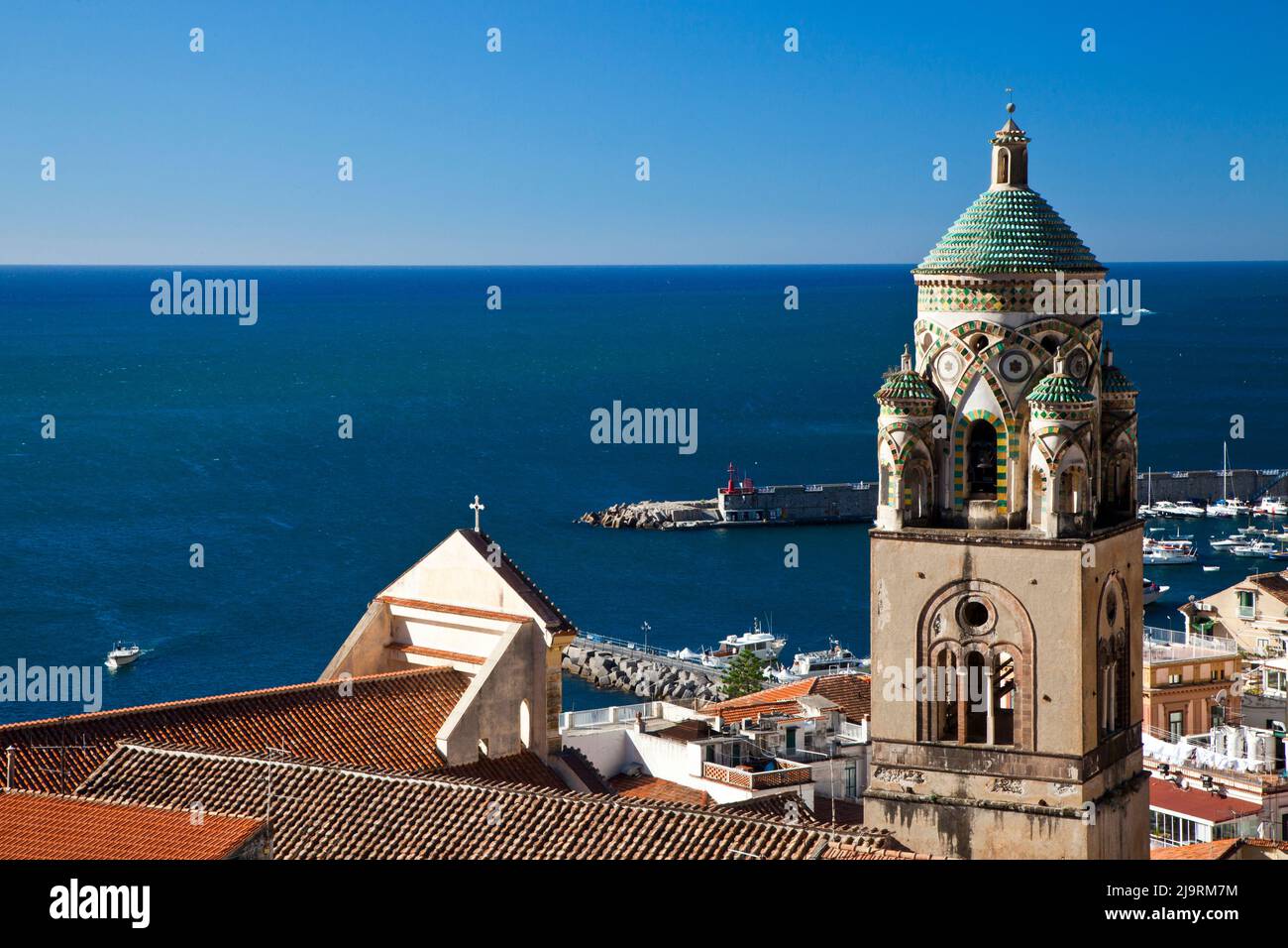 Italy, Amalfi. Light on the Cathedral of St. Andrew and the town of ...