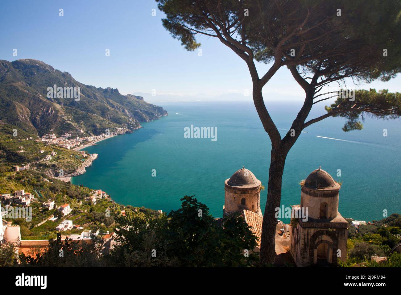 Italy, Campania, Ravello. View of the Amalfi Coast and the towers of ...