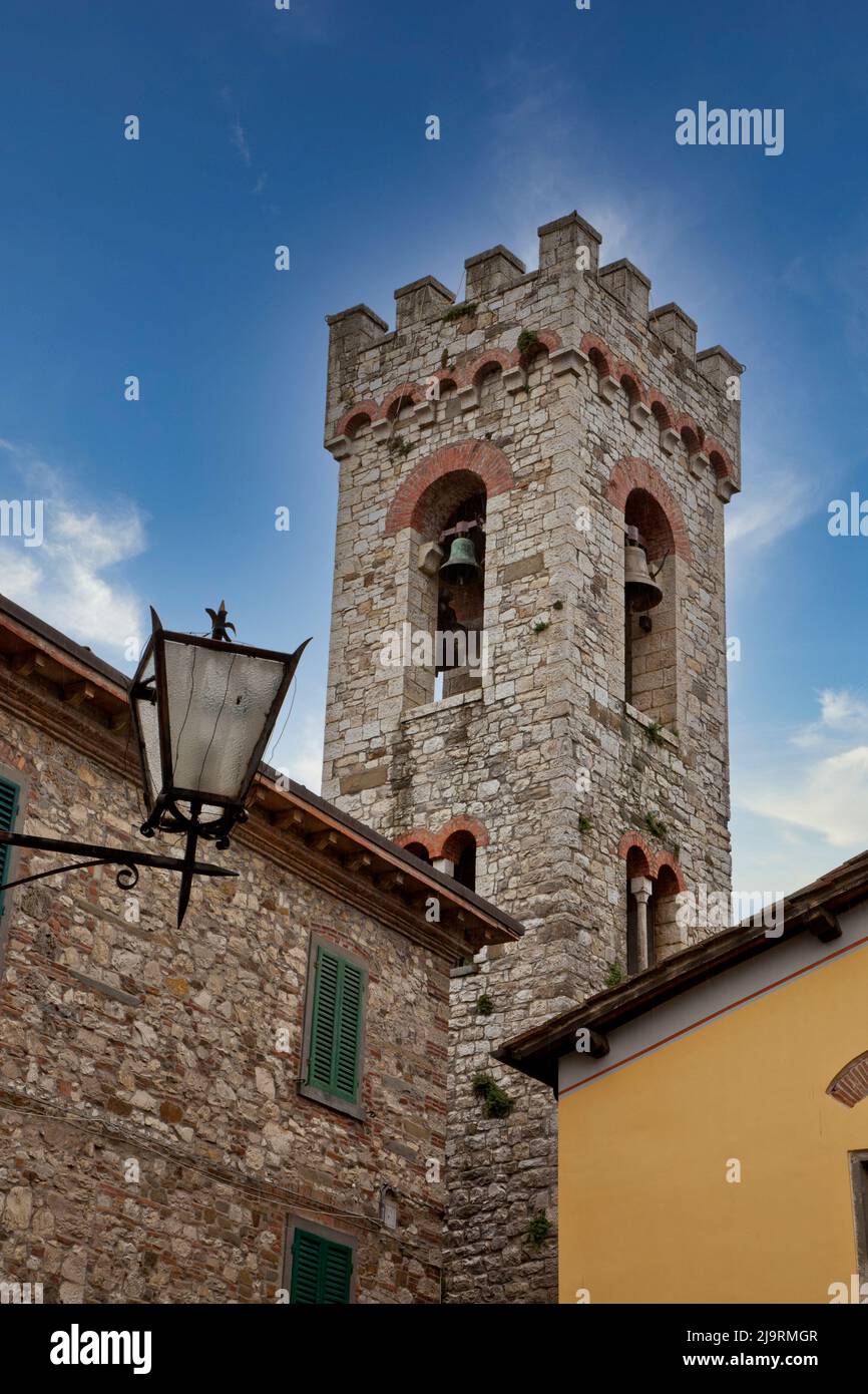 Italy, Radda in Chianti. Bell tower of Saint Niccolo church in Radda in ...