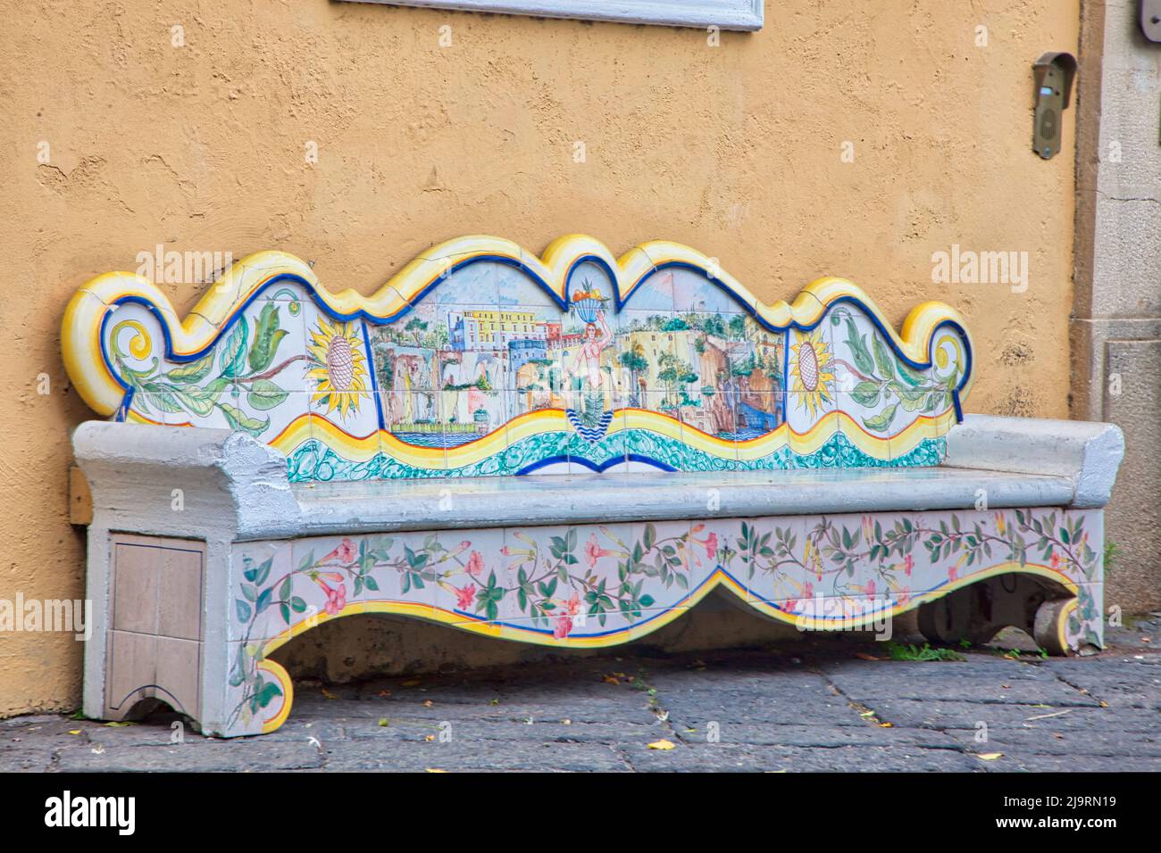 Italy, Sorrento, Amalfi Coast. Colorful fancy stone and tile bench in ...