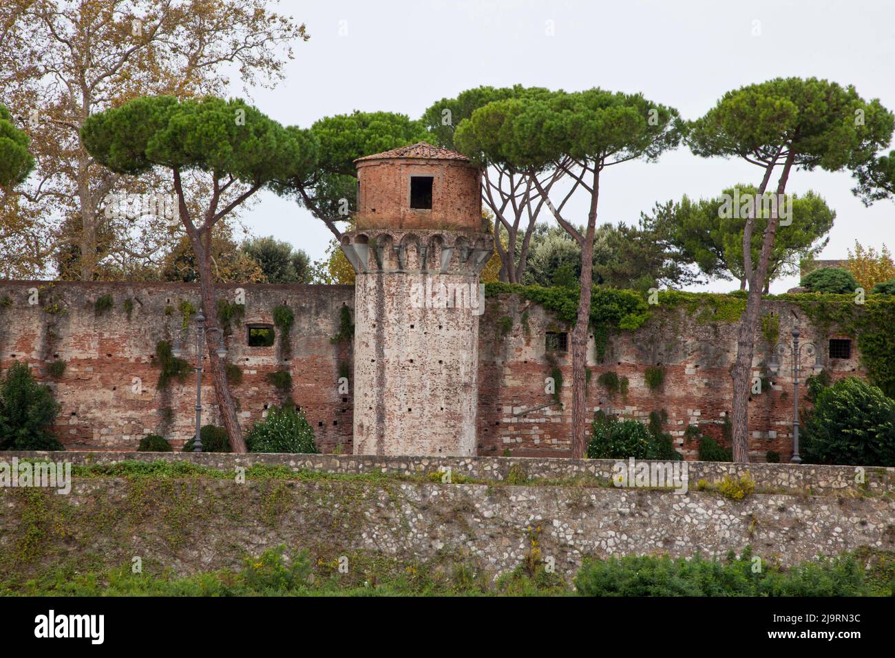 Italy, Tuscany, Pisa. Ancient fortress city wall and tower surrounding ...