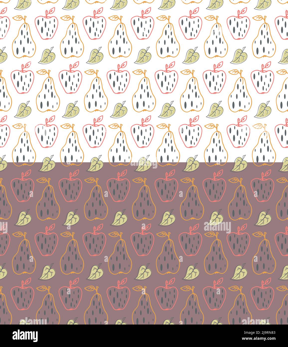 Pear, apple fruits seamless pattern. Colored contour silhouettes. Hand ...