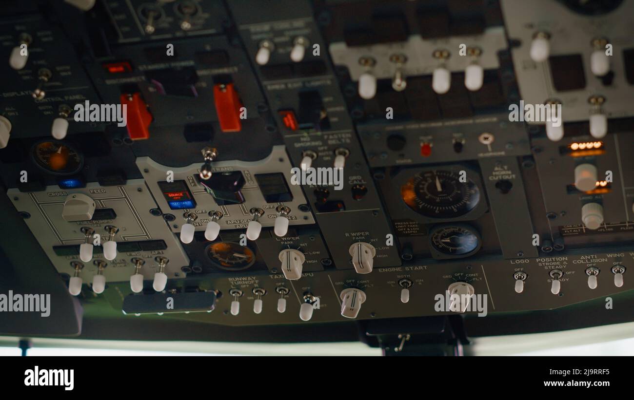 Aircraft dashboard command in empty plane cockpit used to fly with ...