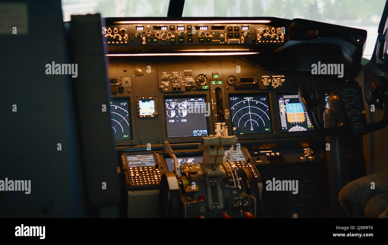 Empty airplane cockpit with dashboard and control panel command ...
