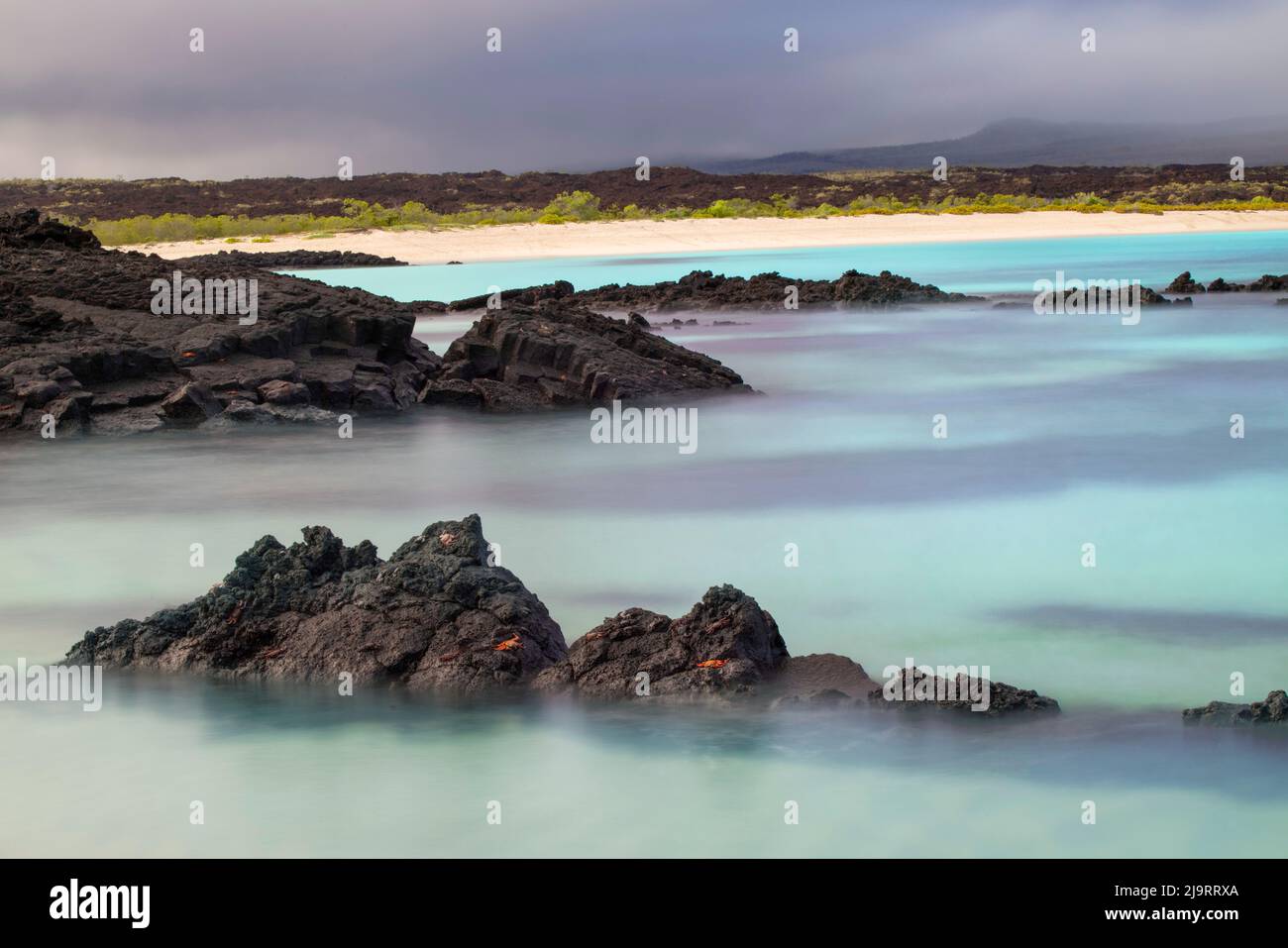 Lava rocks along tranquil shoreline of San Cristobal Island, Galapagos ...