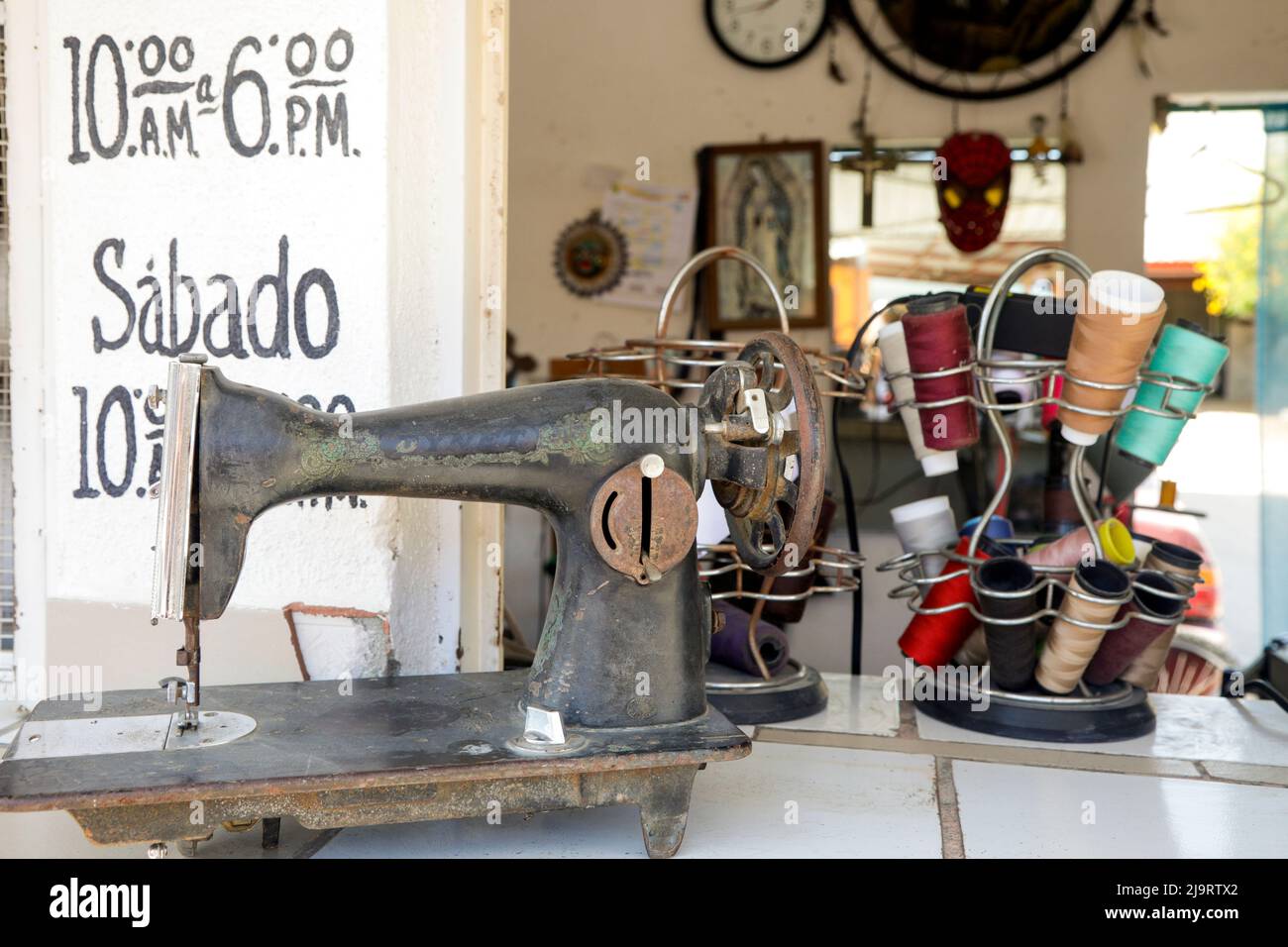 Cabo San Lucas, Mexico. Close-up of an antique sewing machine at a ...