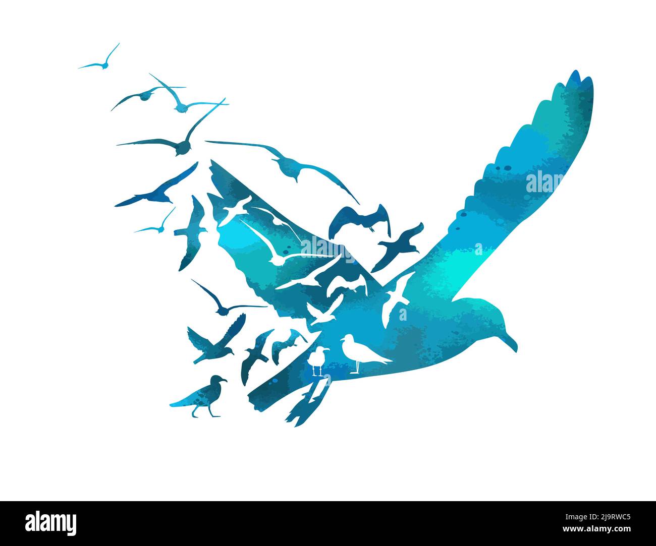 Flying blue watercolor seagulls. Abstraction logo from flying birds ...
