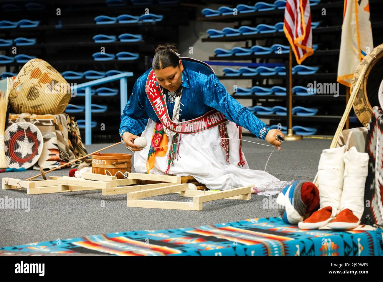Window Rock, Arizona, USA. Navajo Nation Fair. Woman demonstrating ...