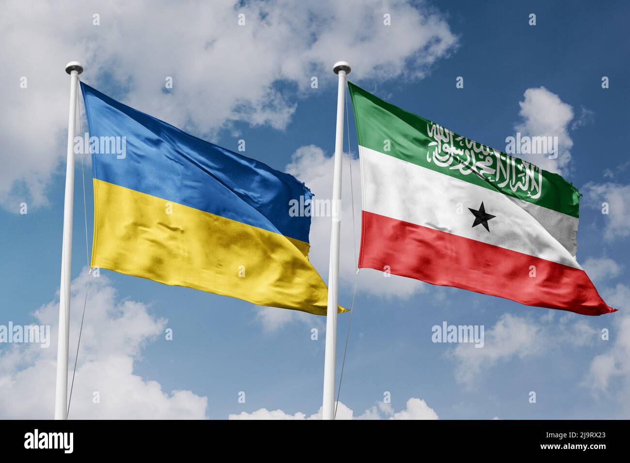 Ukraine and Somaliland two flags on flagpoles and blue cloudy sky ...