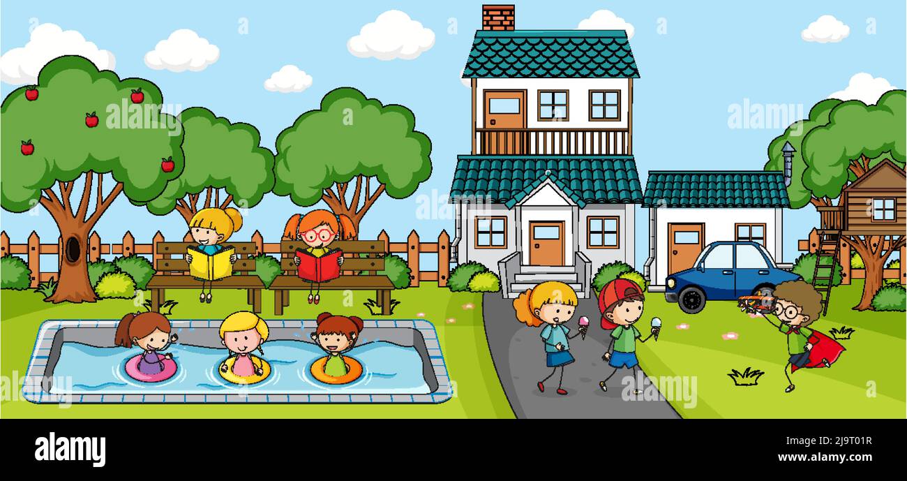 Outdoor scene with doodle house cartoon illustration Stock Vector Image ...