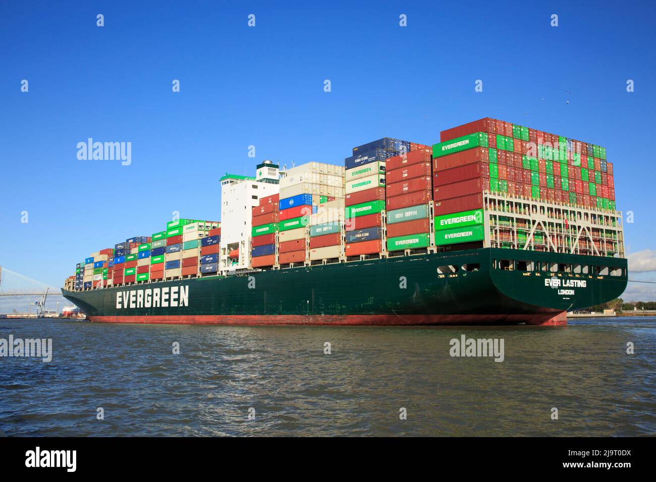 USA, Georgia, Savannah. Container ship entering Savannah Harbor ...