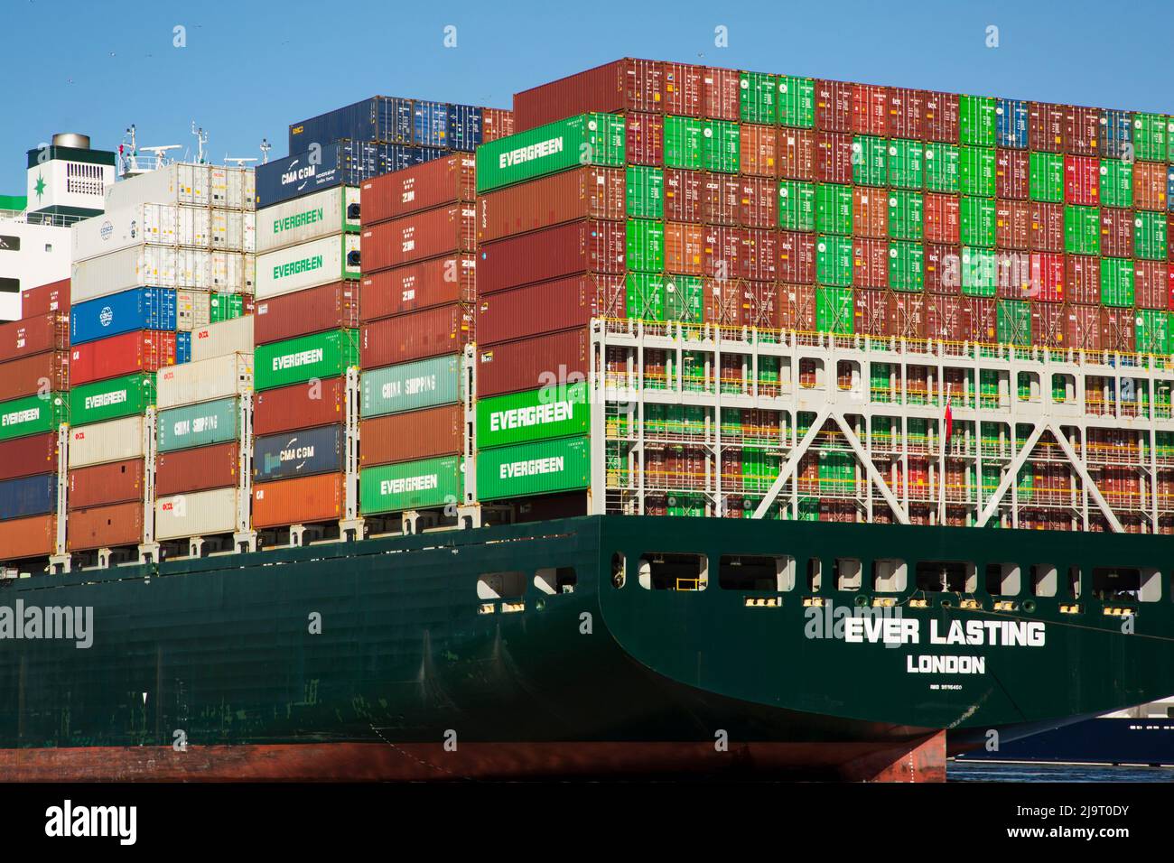 USA, Georgia, Savannah. Container ship entering Savannah Harbor ...