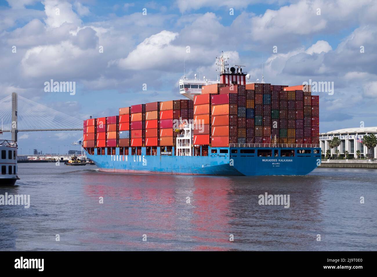 USA, Georgia, Savannah. Container ship entering Savannah Harbor ...