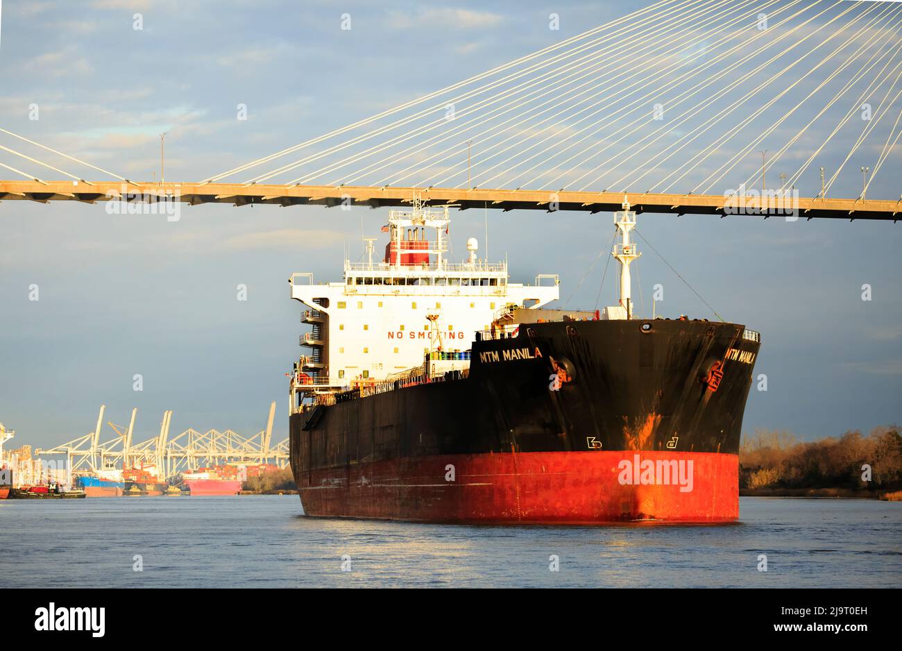 USA, Georgia, Savannah. Ship leaving Savannah Harbor. (Editorial Use ...