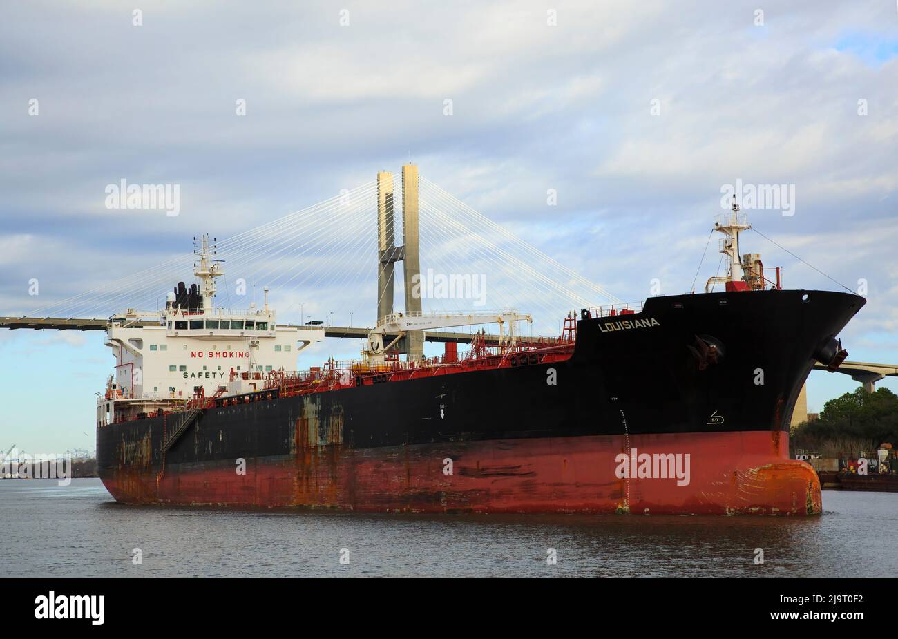 USA, Georgia, Savannah. Tanker ship departing Savannah Harbor ...