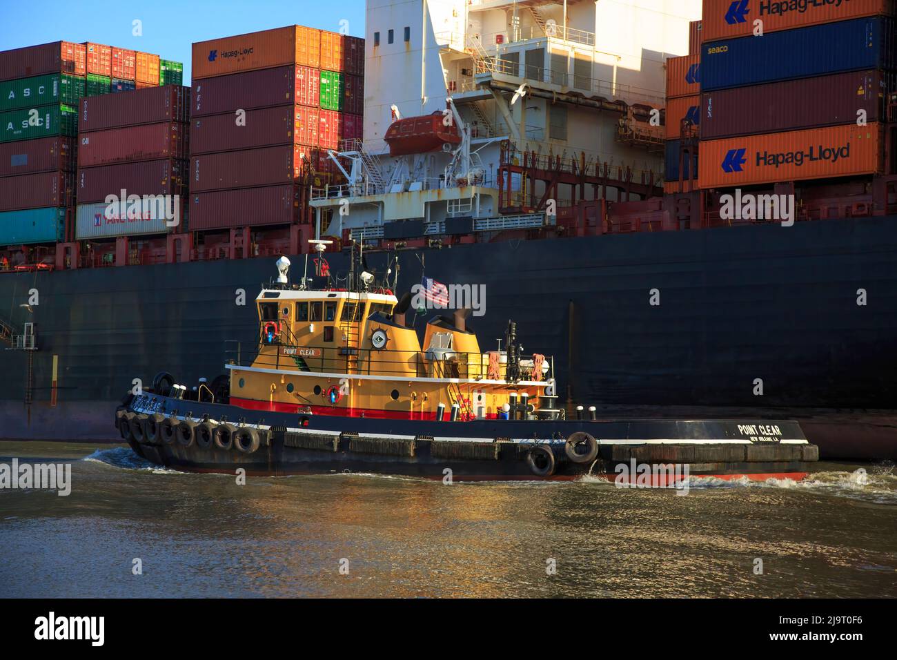 USA, Georgia, Savannah. Container ship entering Savannah Harbor ...