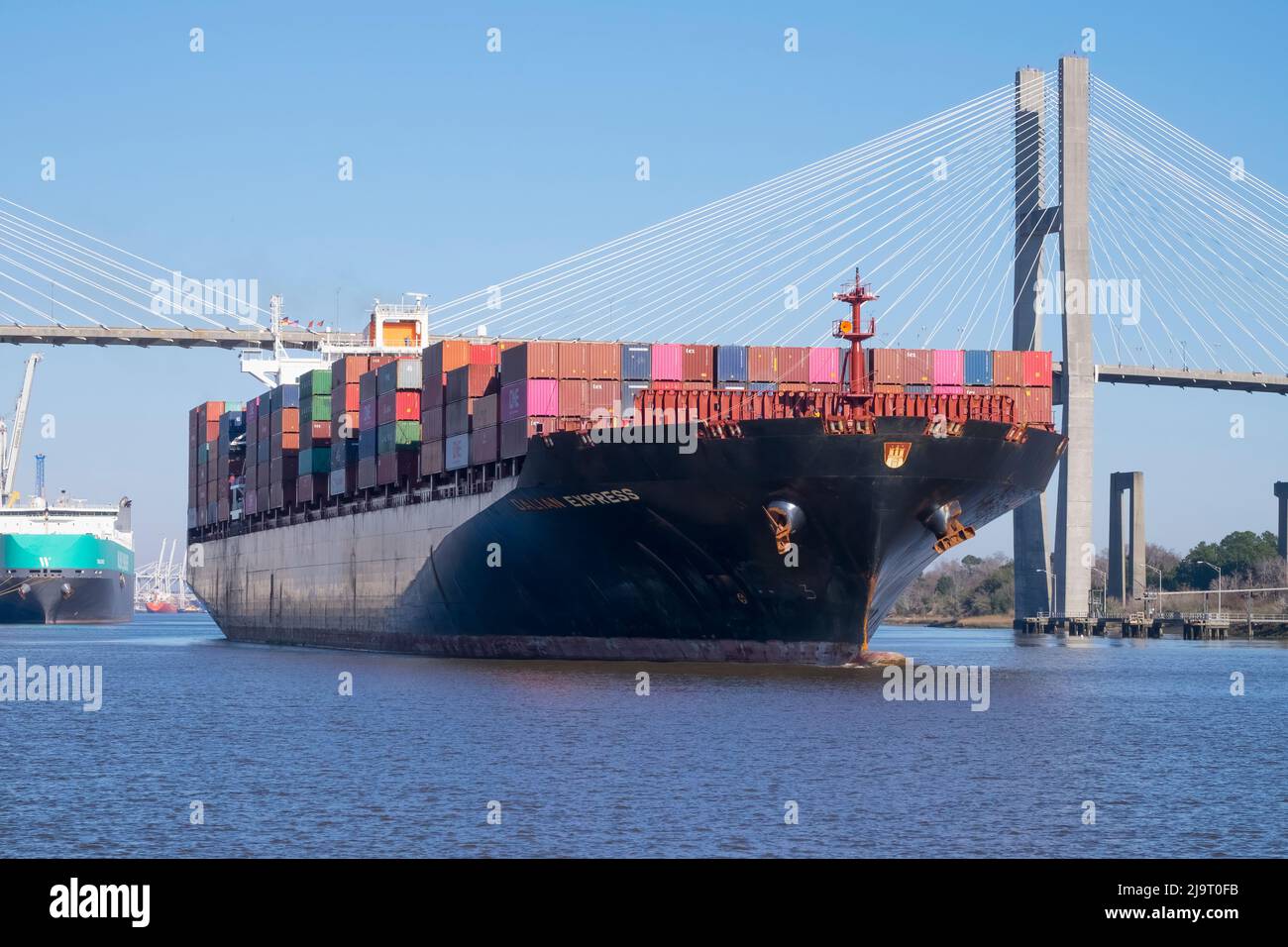 USA, Georgia, Savannah. Tanker ship departing Savannah Harbor ...