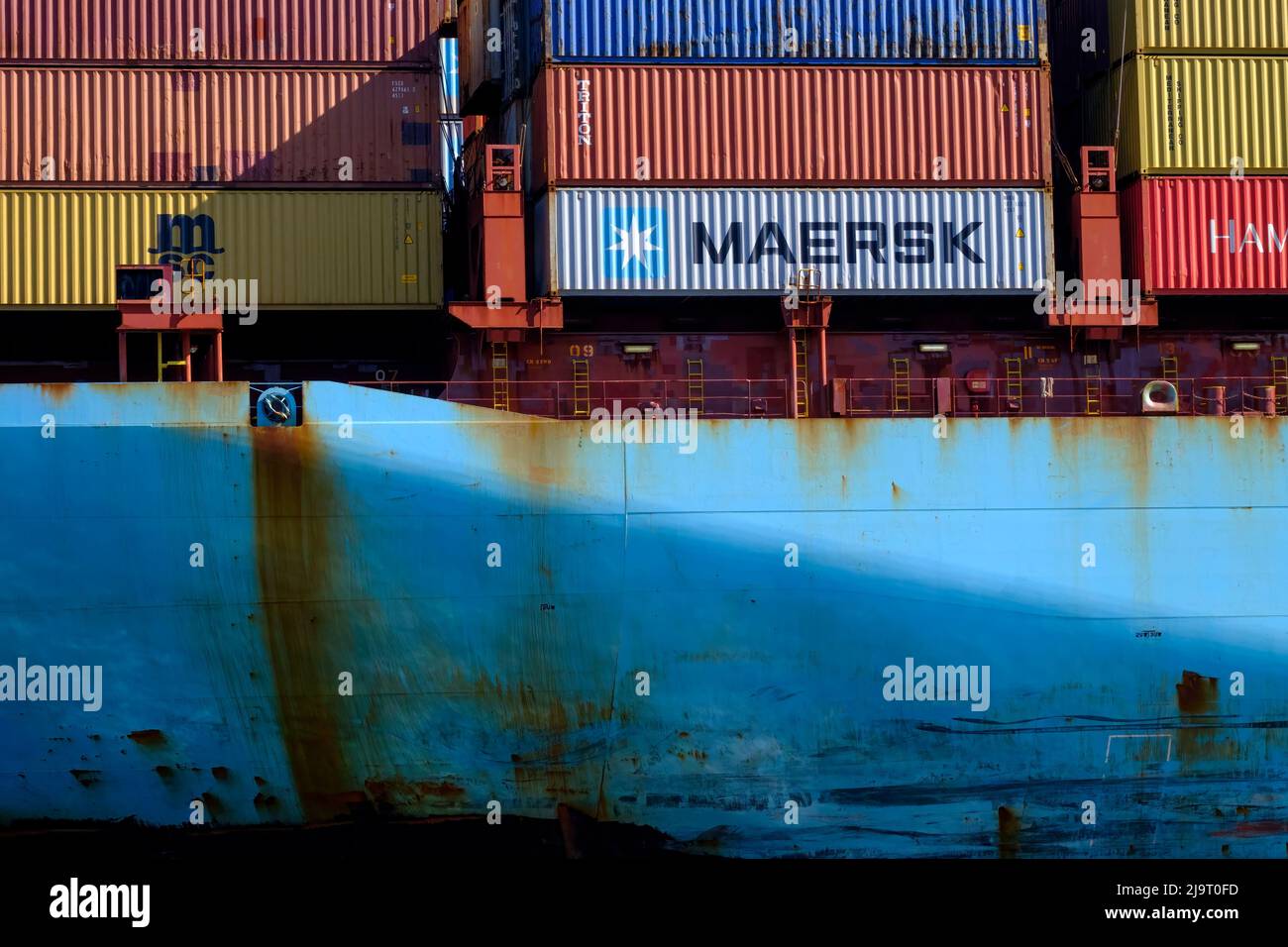 USA, Georgia, Savannah. Rusty ship with containers. (Editorial Use Only ...