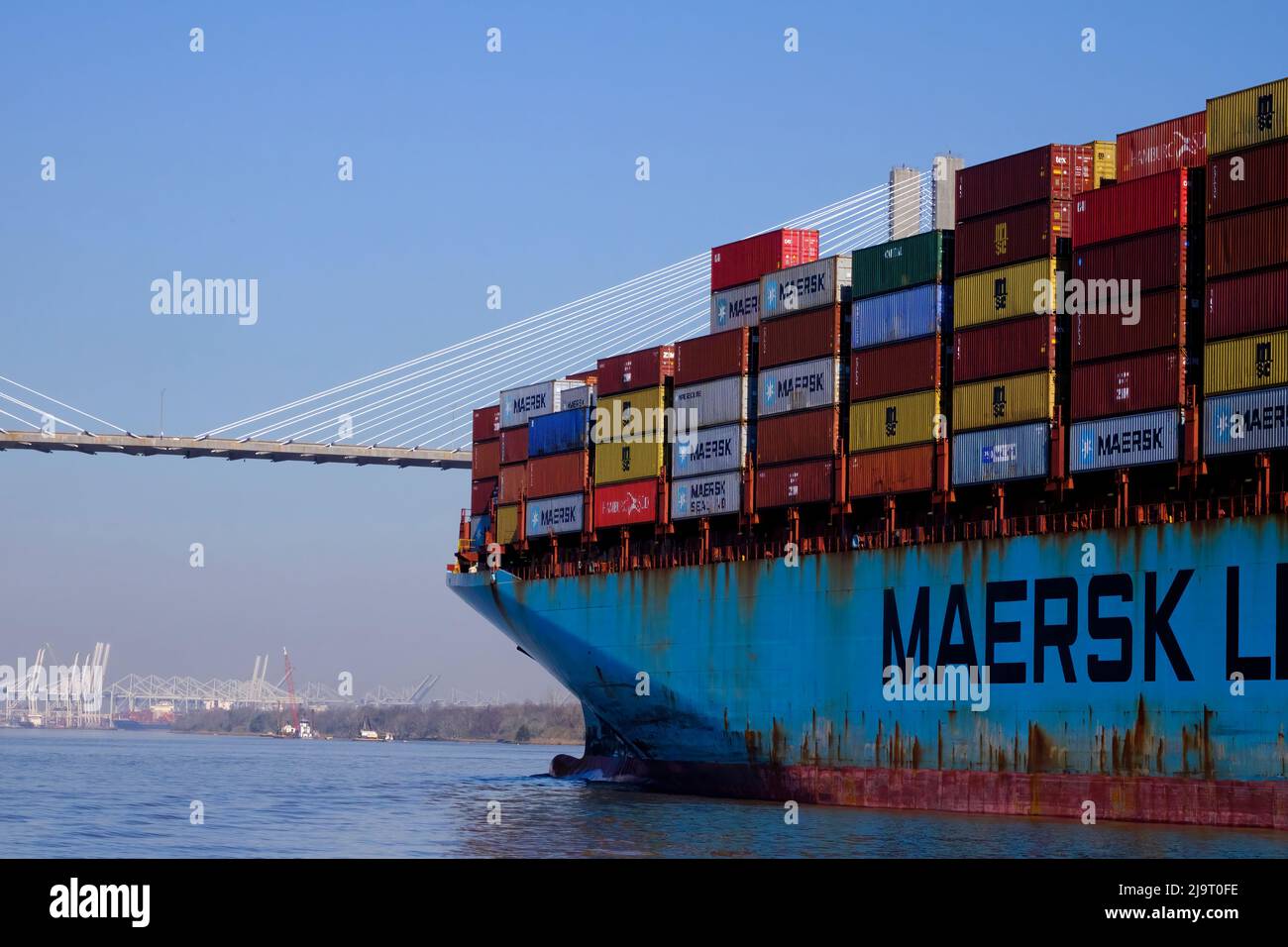 USA, Georgia, Savannah. Cargo ship entering Savannah Harbor. (Editorial ...