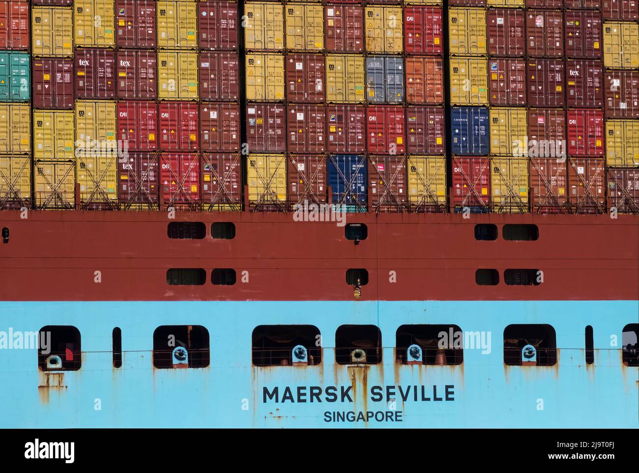 USA, Georgia, Savannah. Containers on ship entering Savannah Harbor ...