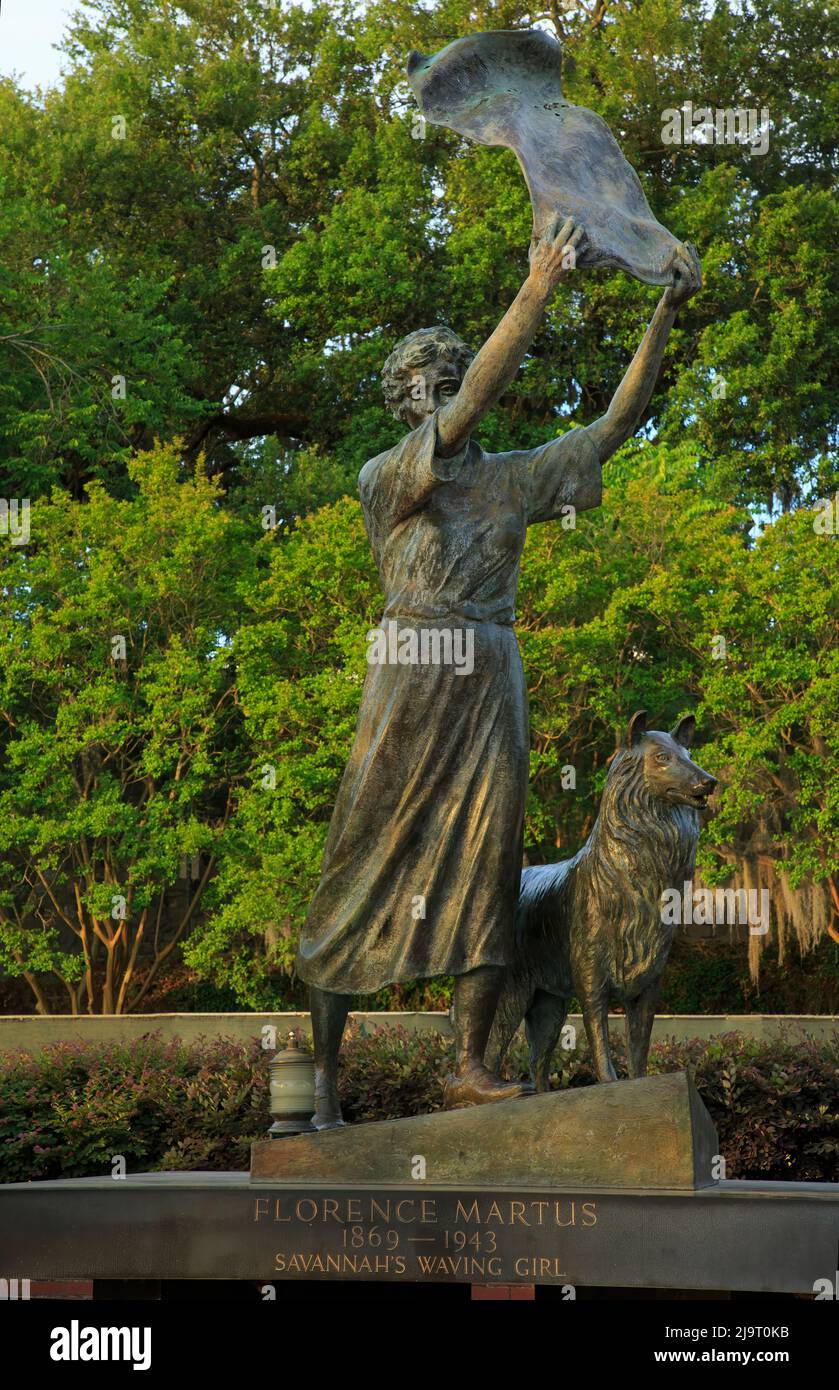 USA, Georgia, Savannah. Statue of the Waving Girl Statue welcoming ...