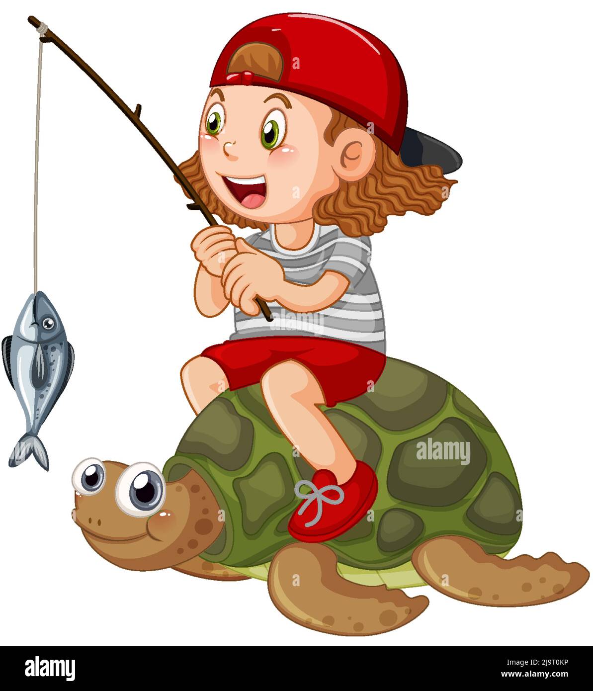 Kid sitting on turtle fishing illustration Stock Vector Image & Art - Alamy