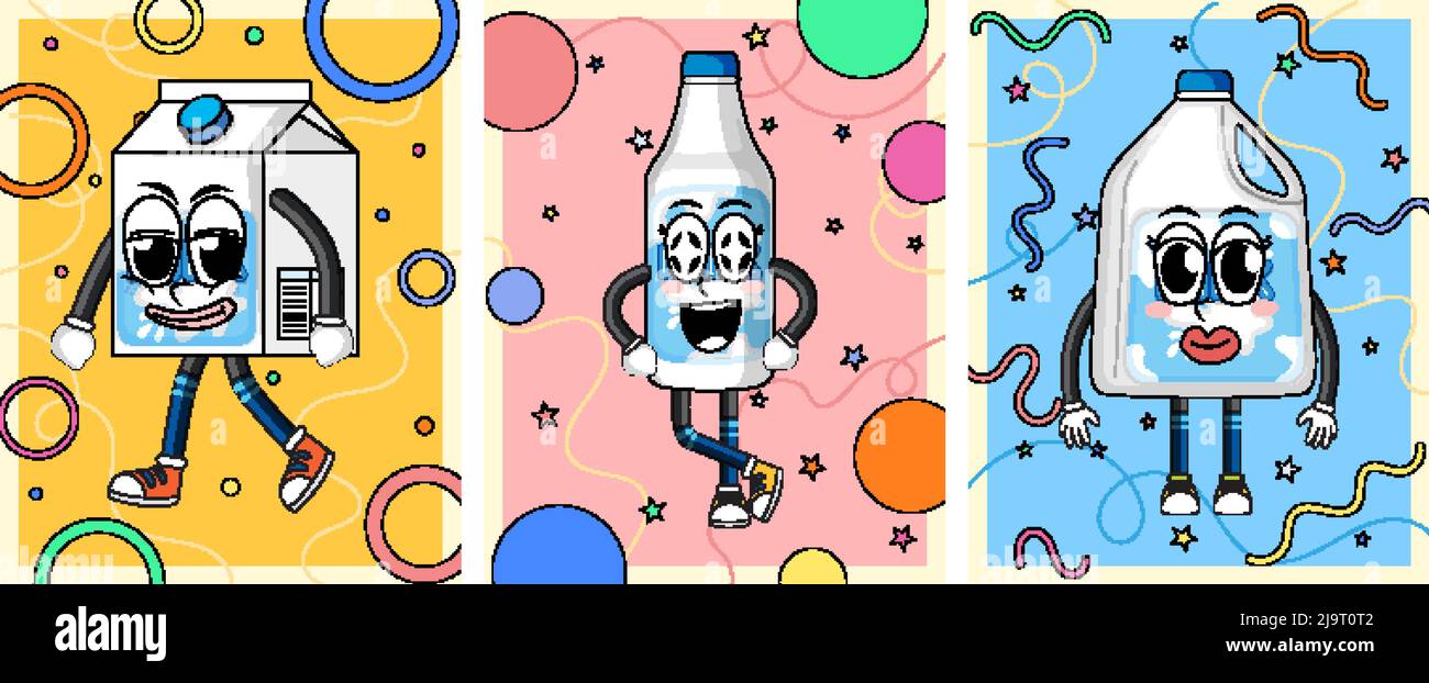Different funny milk packages characters illustration Stock Vector ...