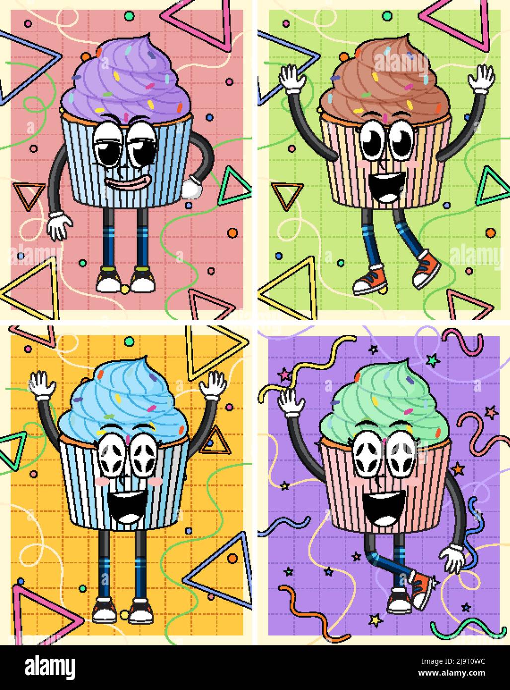 Set of different funny cupcake cartoon characters illustration Stock ...