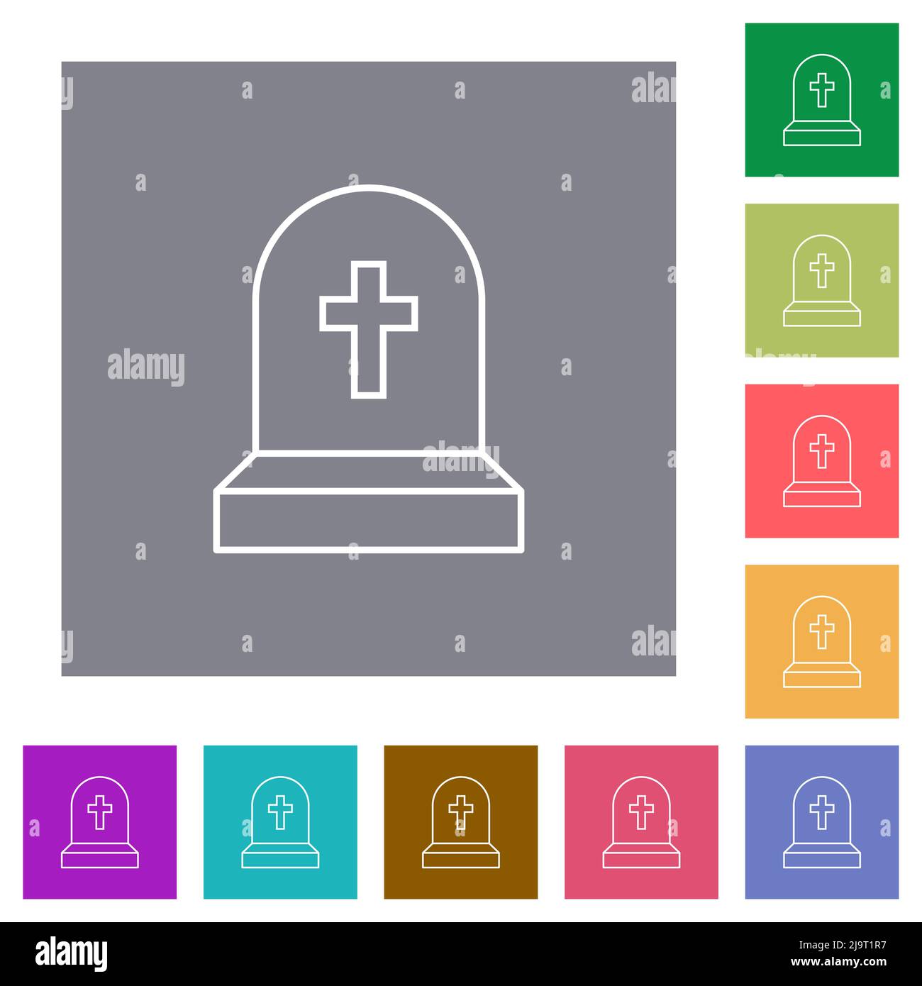 Tombstone with cross outline flat icons on simple color square ...