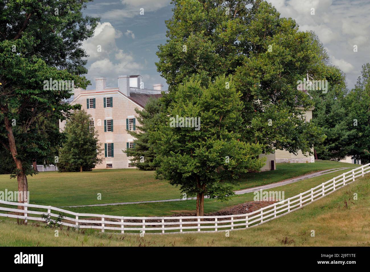 White fence on horse pasture, Shaker Village of Pleasant Hill ...