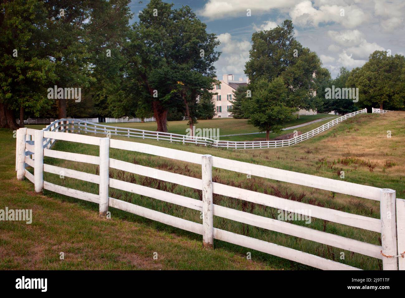 White fence on horse pasture, Shaker Village of Pleasant Hill ...
