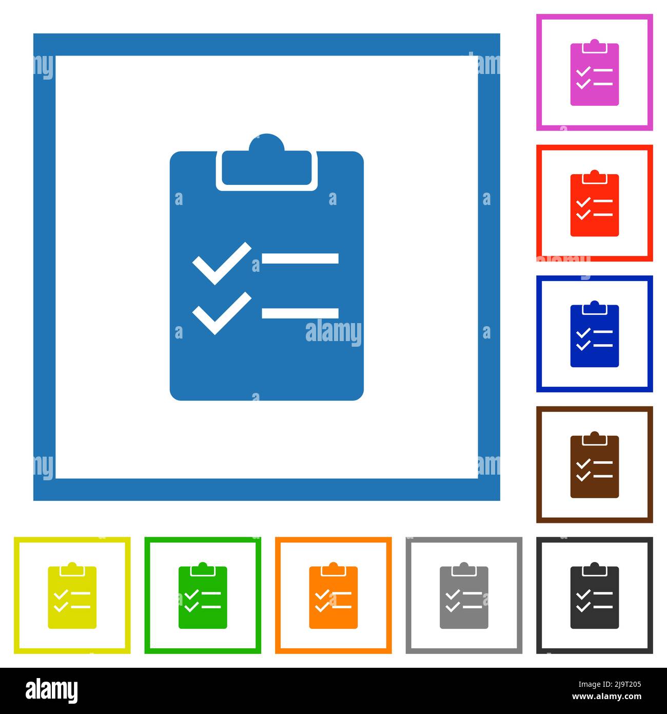 Checklist solid flat color icons in square frames on white background ...