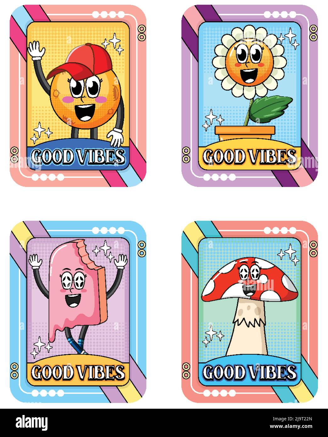 Set of good vibes cards with cartoon characters illustration Stock ...