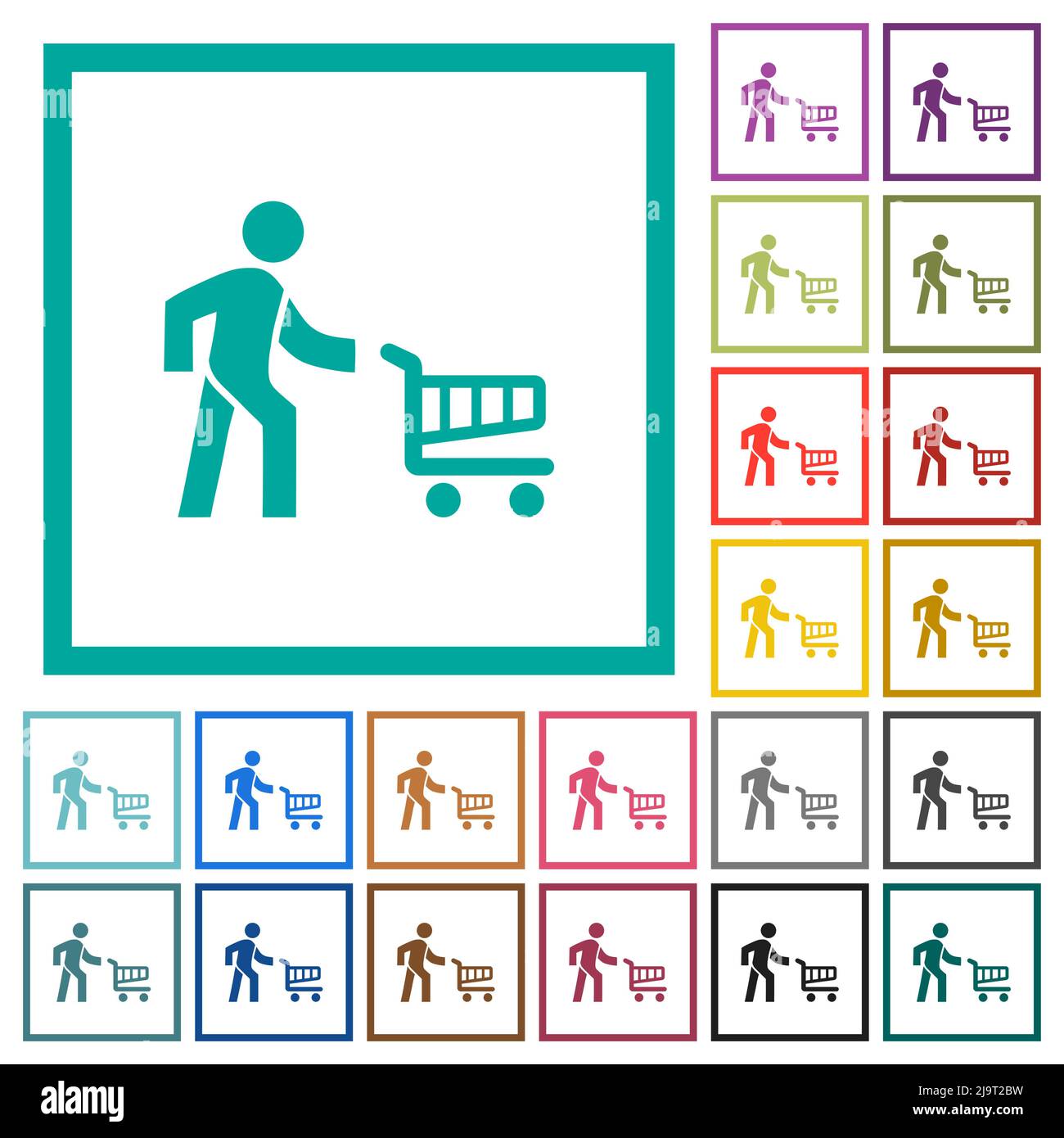 Shopping person with cart flat color icons with quadrant frames on ...