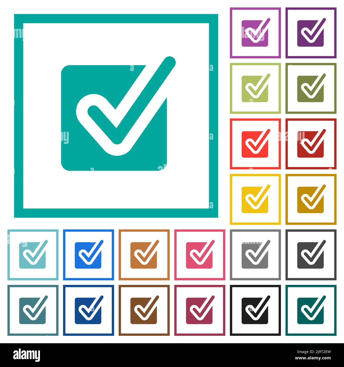 Checked box solid flat color icons with quadrant frames on white ...