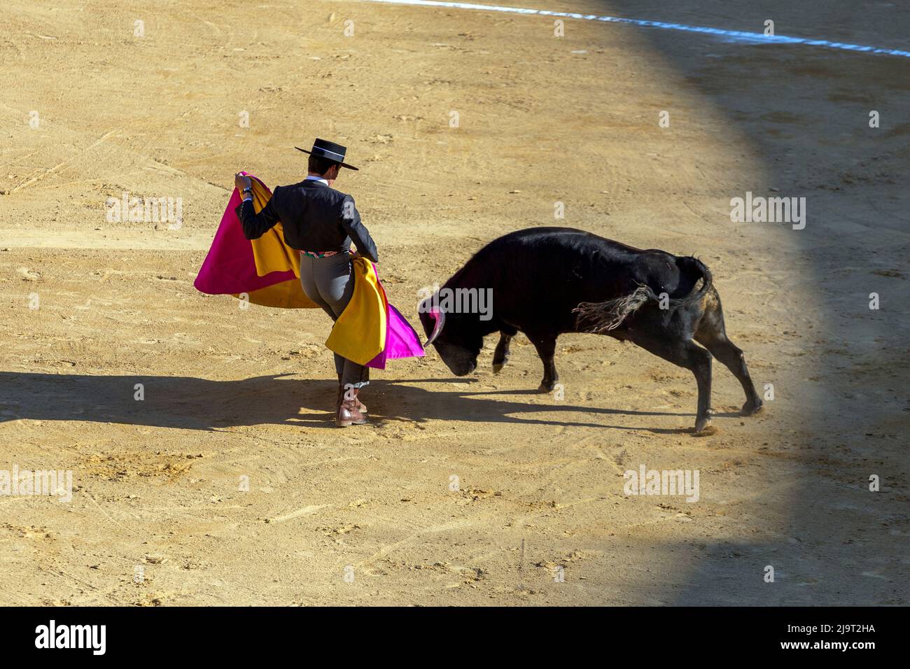 Valencia, Spain - 05 06 2022: A bullfighter playing with the bull in ...