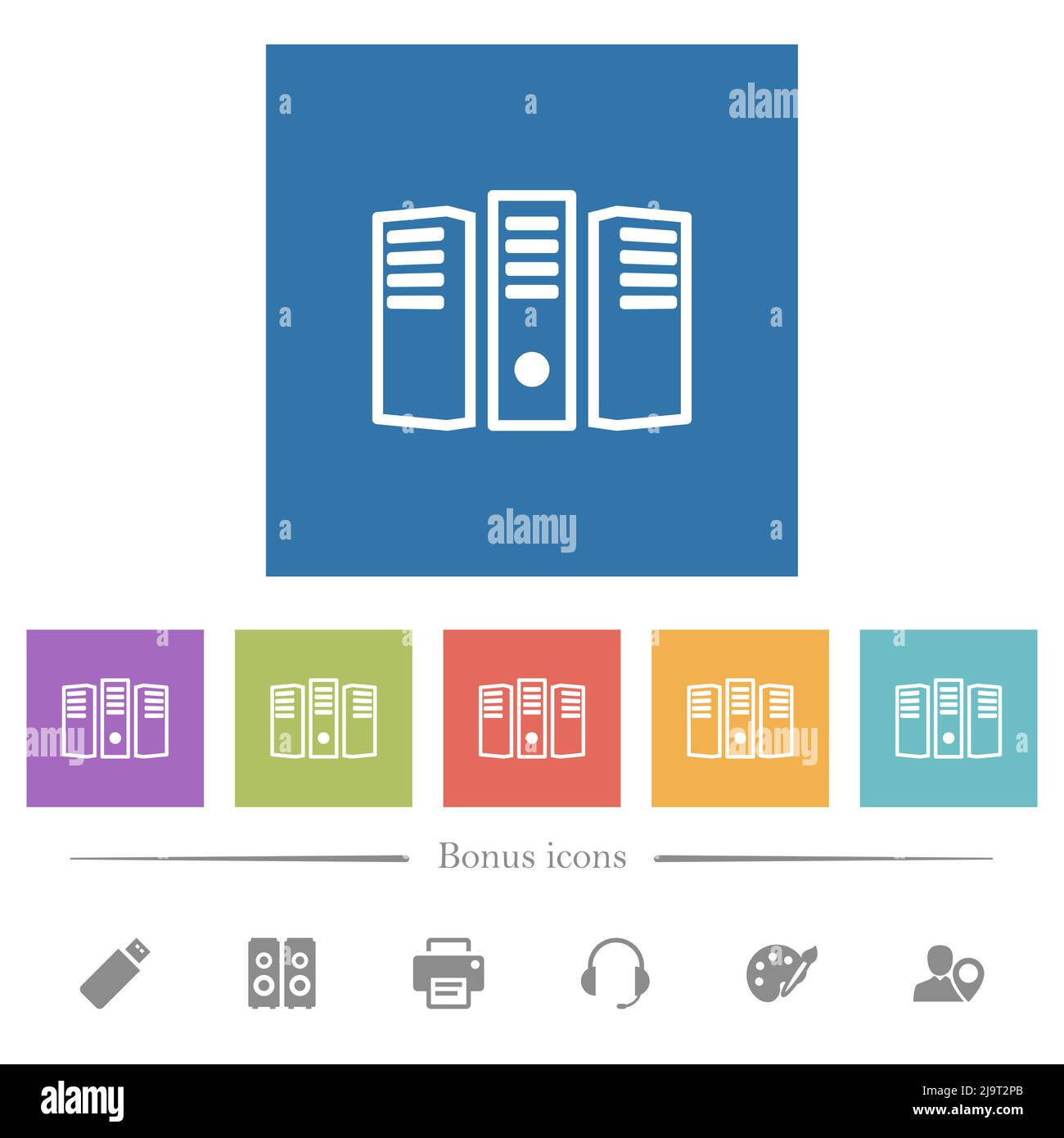 Server hosting outline flat white icons in square backgrounds. 6 bonus ...
