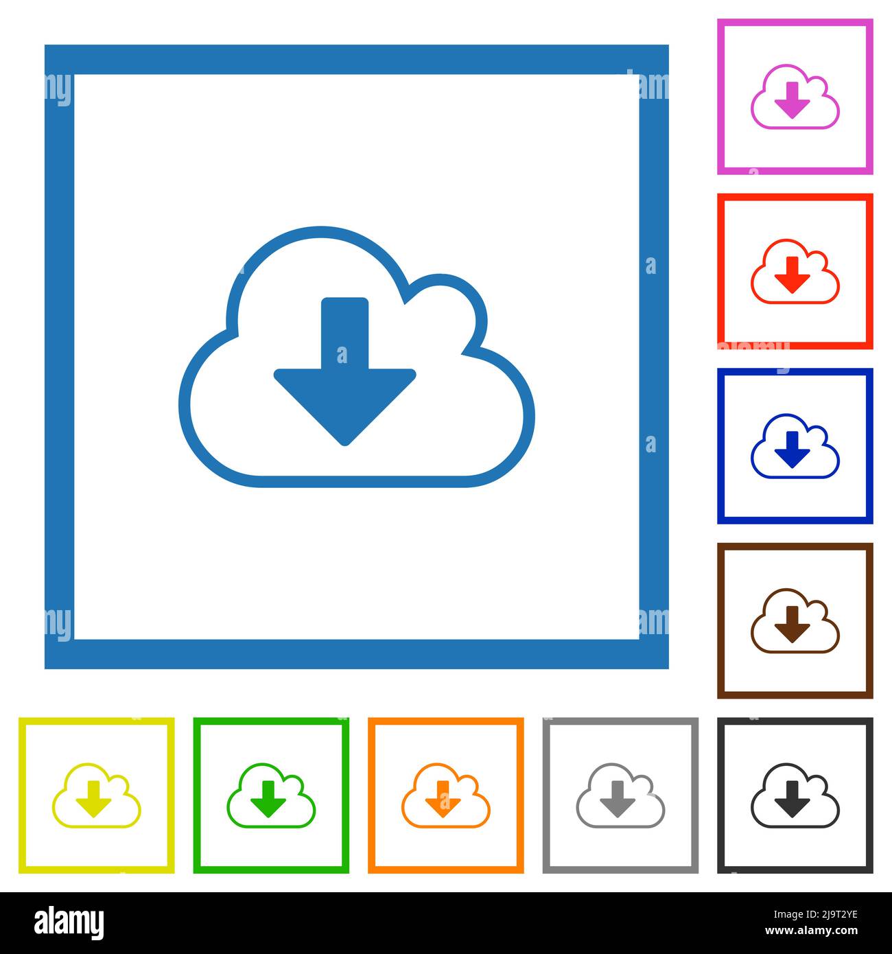 Cloud download outline flat color icons in square frames on white ...