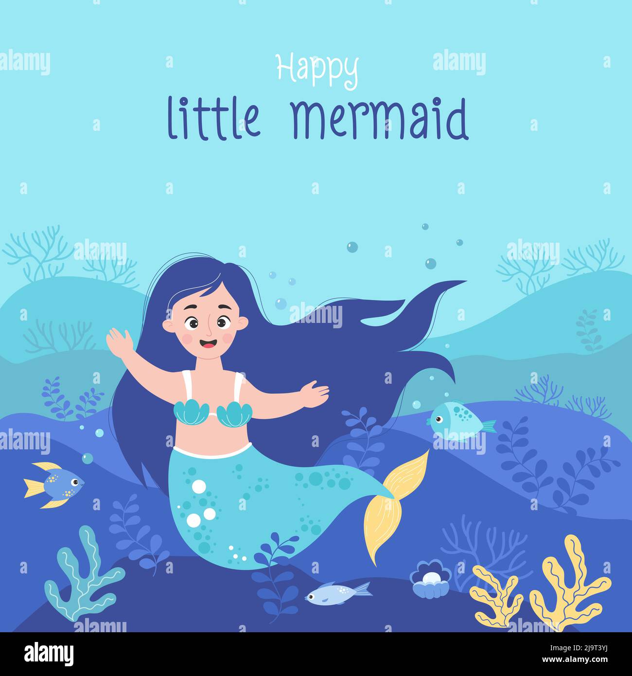 Cute happy little mermaid with fish, seaweed and pearl shell. Tropical ...