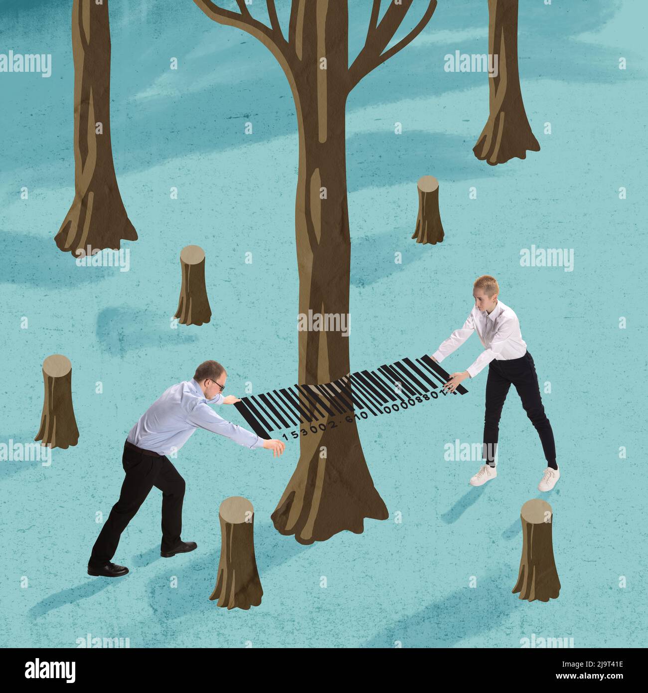 Contemporary art collage. Conceptual image of people cutting down trees ...