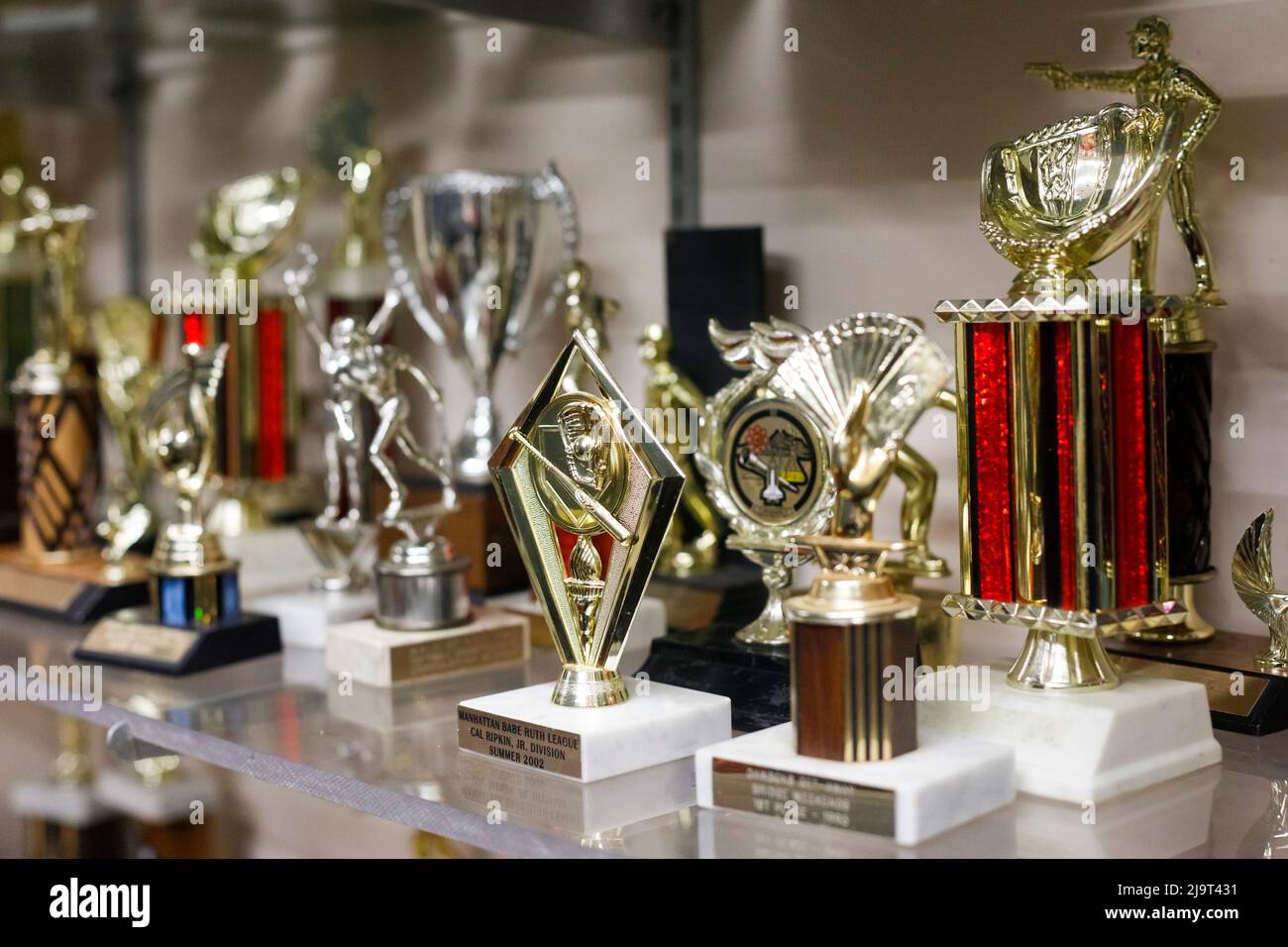 New York City, New York, USA. Collection of sports trophies Stock Photo ...